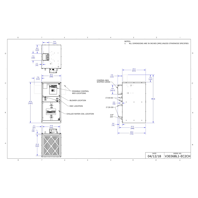V3036B-1EC2CH Unico V-Series 3036 Model Vertical Air Handler Unit, 2.5